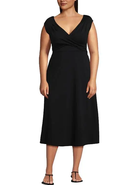 LANDS' END Cotton Modal Off-the-shoulder Wrap Midi Dress - Black