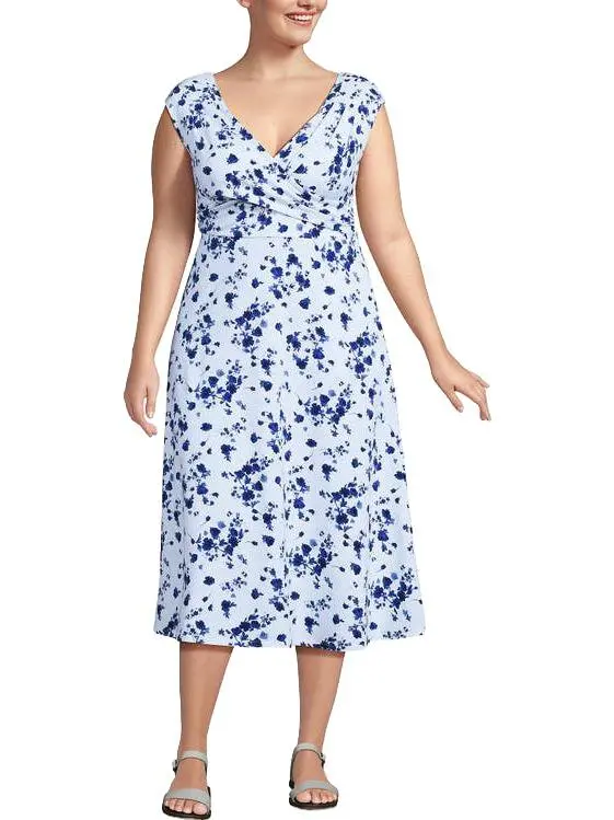 LANDS' END Cotton Modal Off-the-shoulder Wrap Midi Dress - Clearlake Blue Poetic Floral