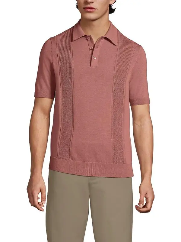 LANDS' END Short Sleeve Vertical Rib Button Down Sweater Polo - Cameo Rose