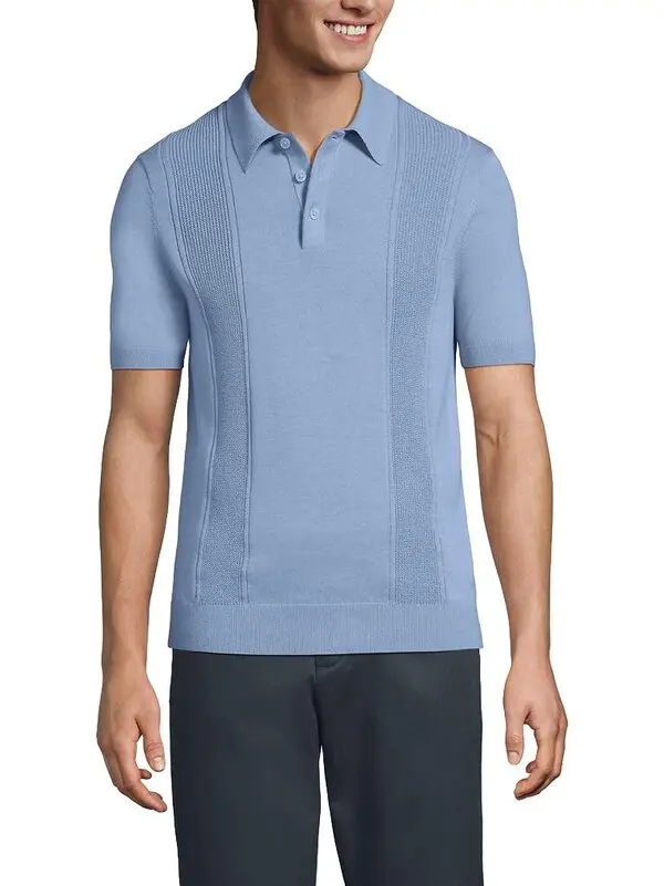 LANDS' END Short Sleeve Vertical Rib Button Down Sweater Polo - Oasis Blue
