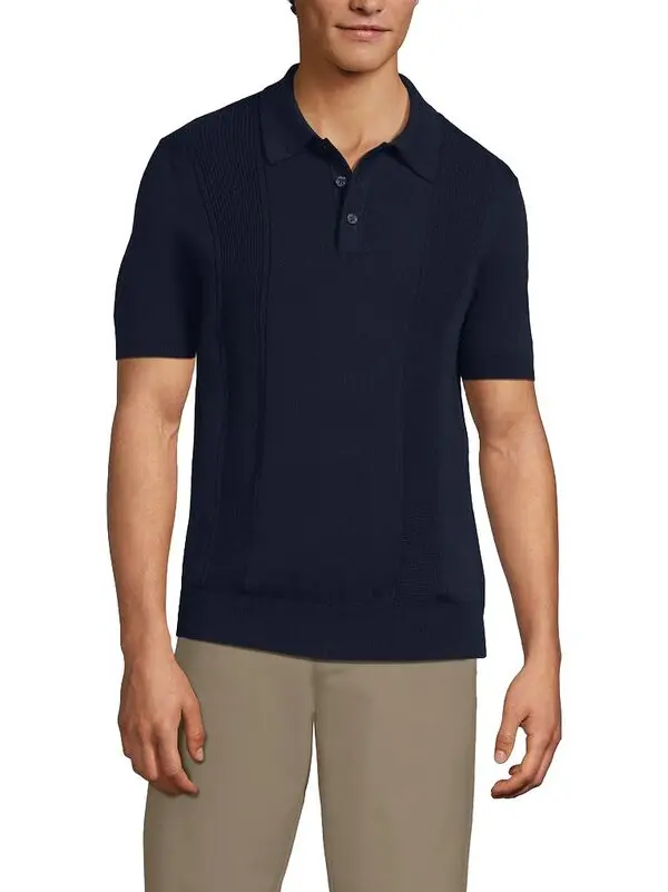 LANDS' END Short Sleeve Vertical Rib Button Down Sweater Polo - Radiant Navy