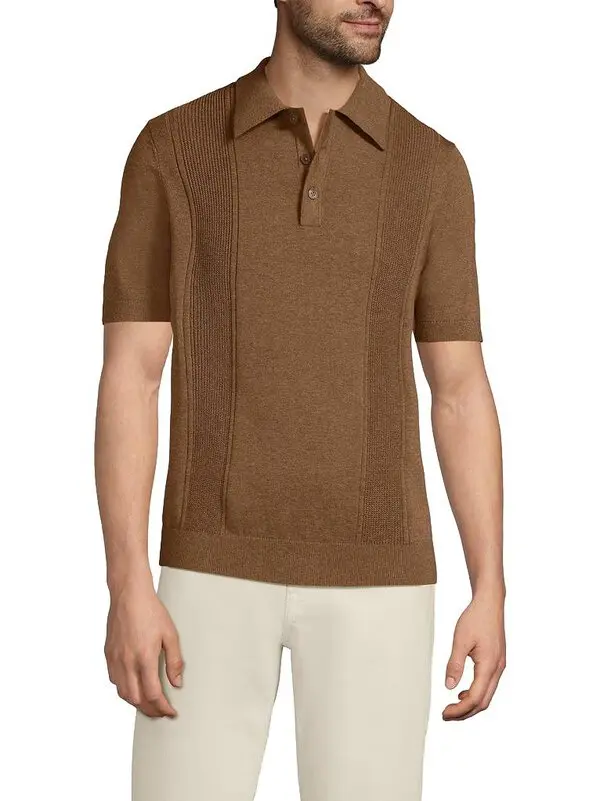LANDS' END Short Sleeve Vertical Rib Button Down Sweater Polo - Soft Camel Brown Heather