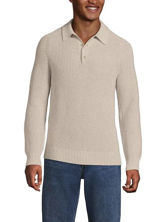 LANDS' END Long Sleeve Drifter Polo Sweater - Flax Heather