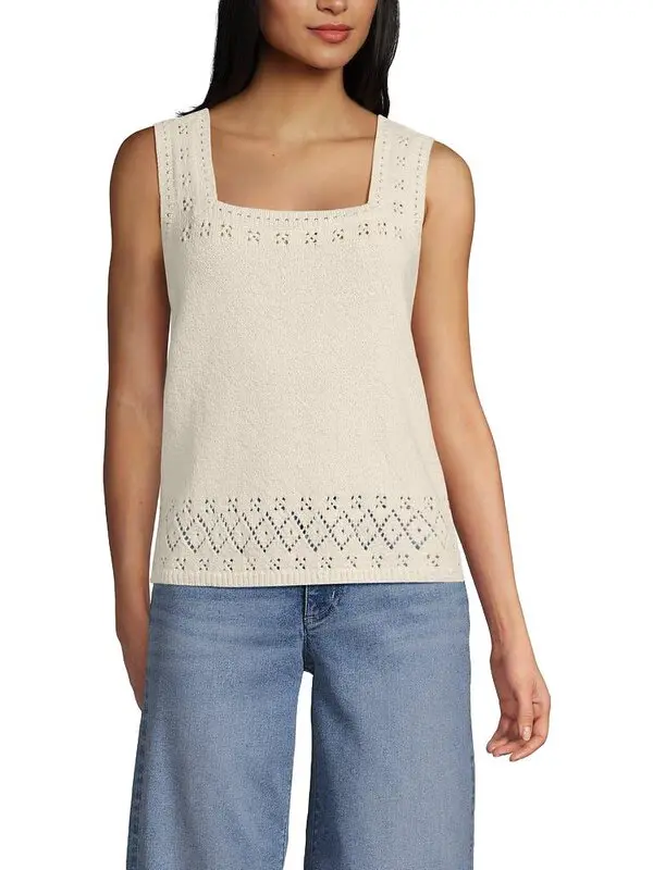 LANDS' END Pointelle Square Neck Tank Sweater - Ivory Latte