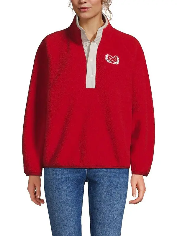 LANDS' END Fleece Snap Neck Pullover - Compass Red