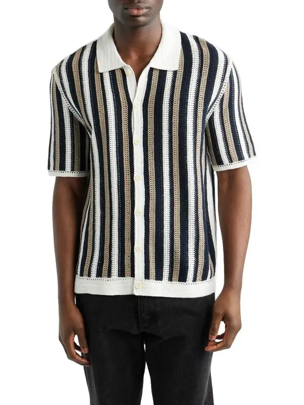 WAX LONDON Porto Stripe Crochet Knit Polo - Ecru/black