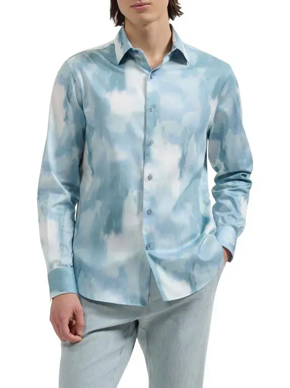 Bugatchi Julian Shaped Fit Cloud Print Stretch Cotton Button-up Shirt - Sea Spray