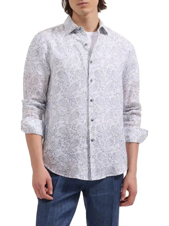 Bugatchi Julian Shaped Fit Paisley Print Linen Button-up Shirt - White