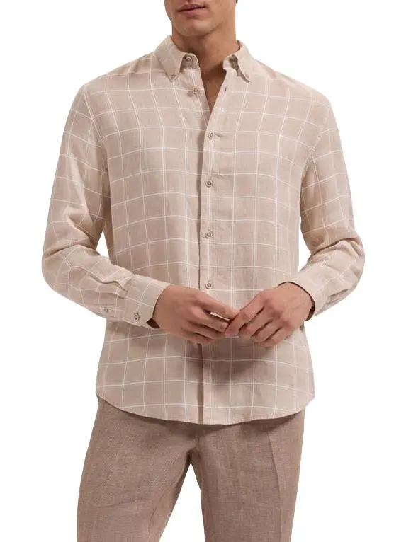 Bugatchi Austin Shaped Fit Windowpane Check Linen & Cotton Button-down Shirt - Desert