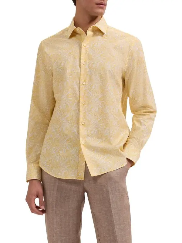 Bugatchi Julian Shaped Fit Leaf Print Cotton Button-up Shirt - Jojoba