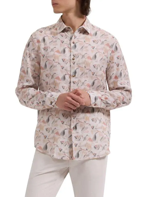 Bugatchi Julian Shaped Fit Abstract Leaf Print Linen Button-up Shirt - Desert
