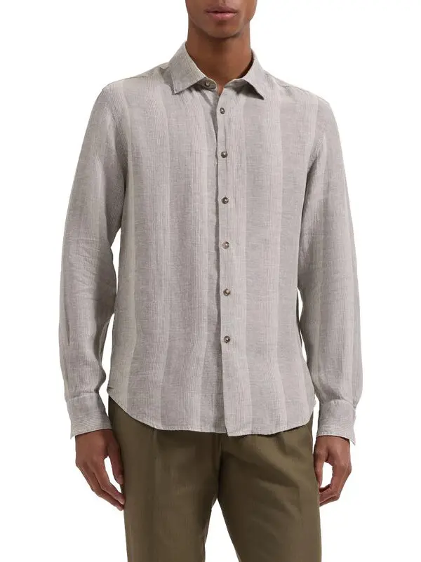 Bugatchi Julian Shaped Fit Shadow Stripe Linen Button-up Shirt - Khaki