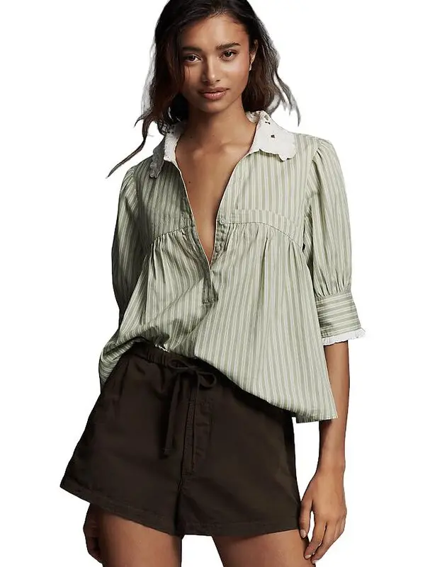 Anthropologie Long-sleeve Collared Babydoll Top - Green Stripe
