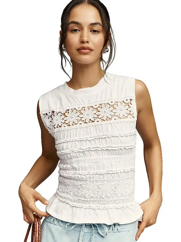 Anthropologie Smocked Lace Ruffle Tank Top - Bright White
