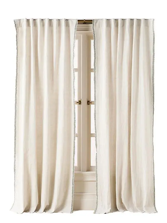 Anthropologie Camille Cotton Linen Pleated Ruffle Trim Curtain - Green
