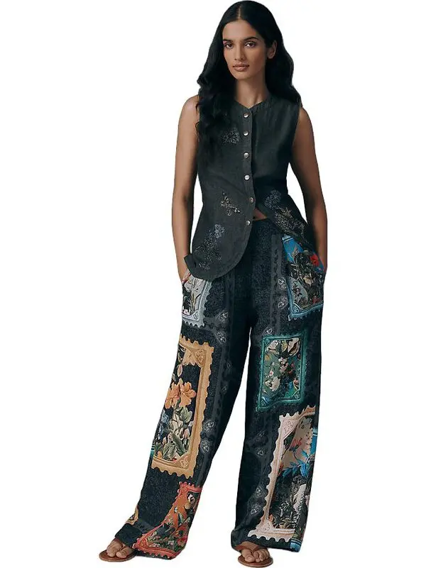 RANNA GILL Floral Printed Wide-leg Pants - Black Floral