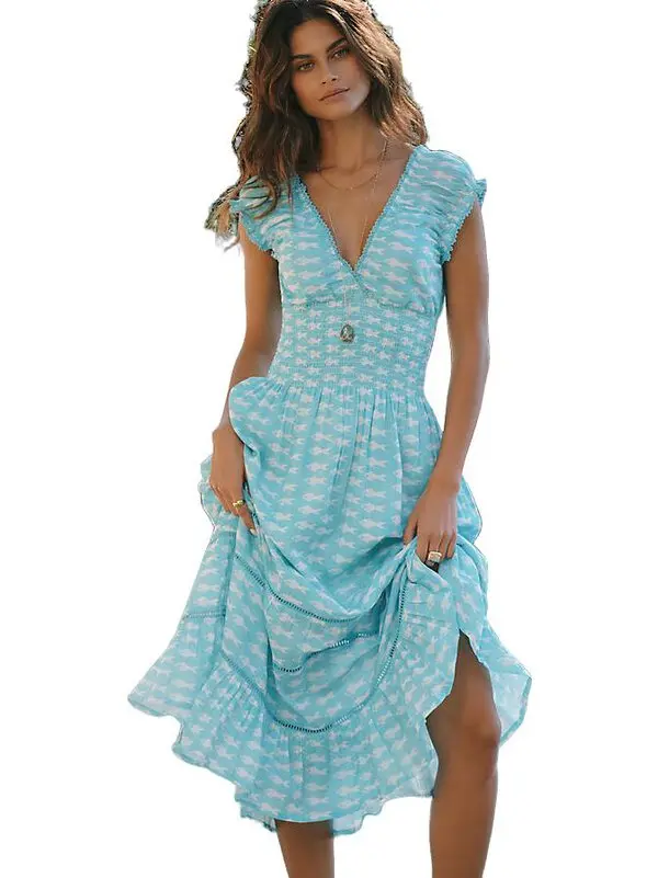 RO'S GARDEN Hilda V-neck Tiered Maxi Dress - Light Blue Sardina