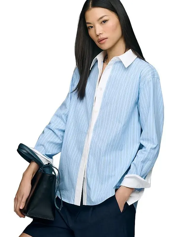Avec Les Filles French-cuff Buttondown Shirt With Rose Pin - Blue Stripe