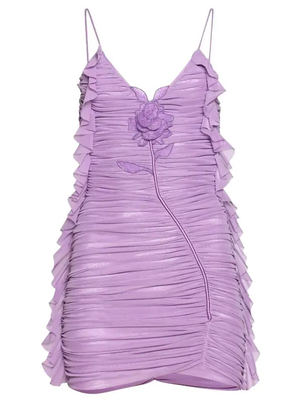 David Koma Lace Rose Embroidered Detail Asymmetric Ruched Dress - Purple