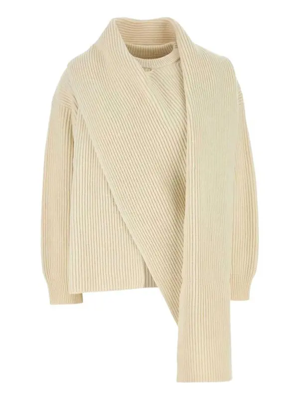 JIL SANDER Long Sleeve Wool Jumper With Draped Scarf Neck - White