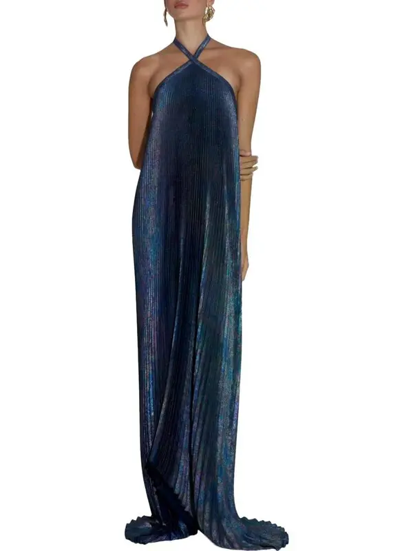 L'IDEE Deesse Pleated Halterneck Maxi Dress - Blue