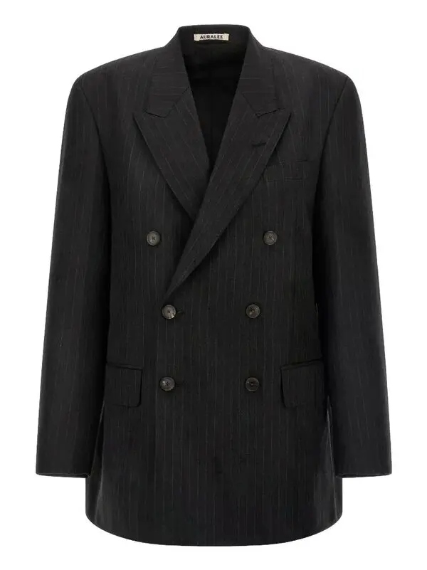 Auralee Pinstriped Double-breasted Long Blazer - Grey