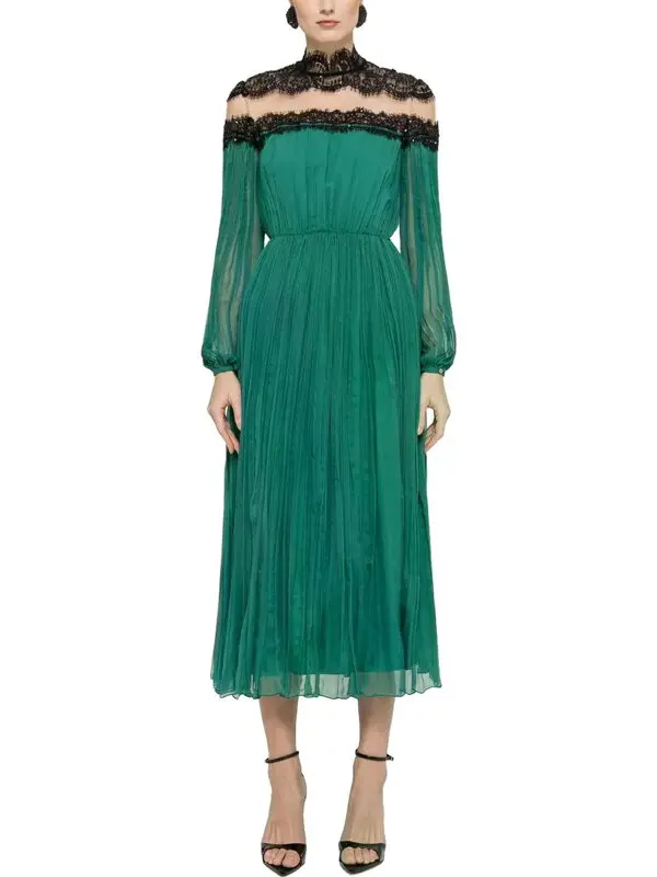 NISSA Lace Panel Silk Midi Dress - Green