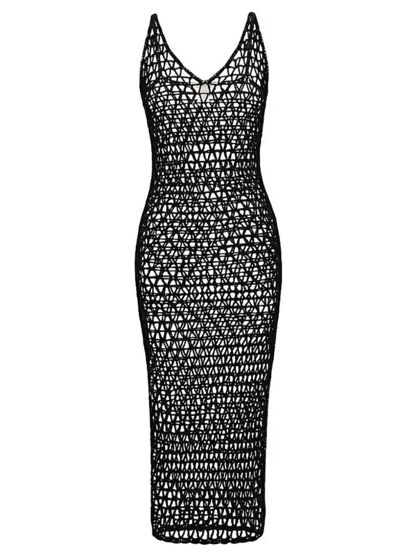 PARAMIDONNA Crochet V-neck Midi Dress - Black