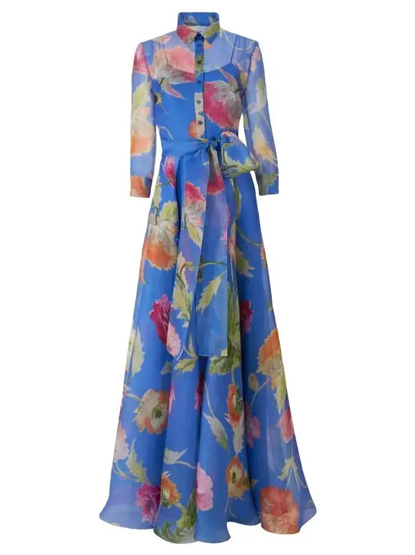 Carolina Herrera Poppy-print Organza Trench Gown - Blue