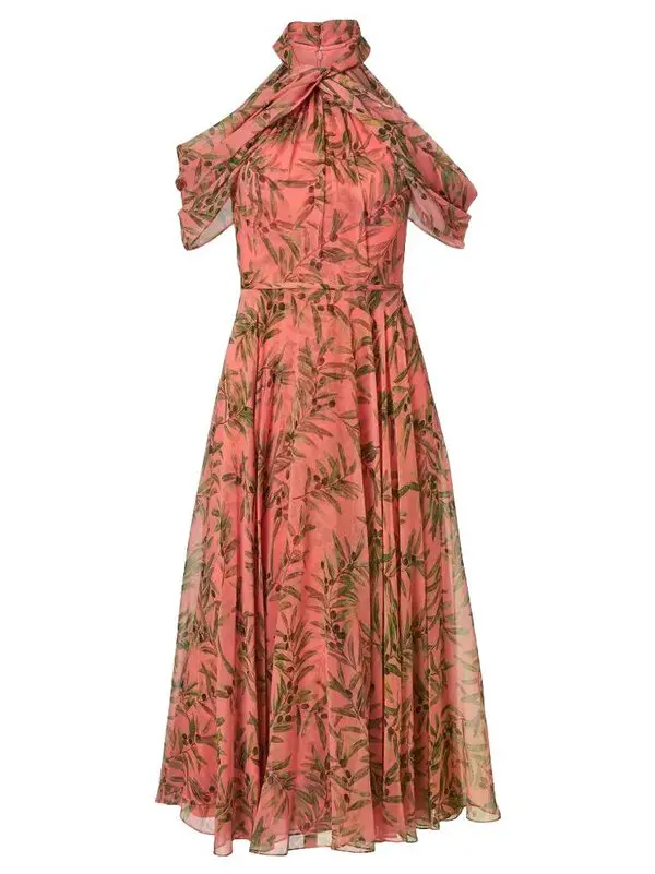 Carolina Herrera Olive Branch-print Halterneck Midi Dress - Pink