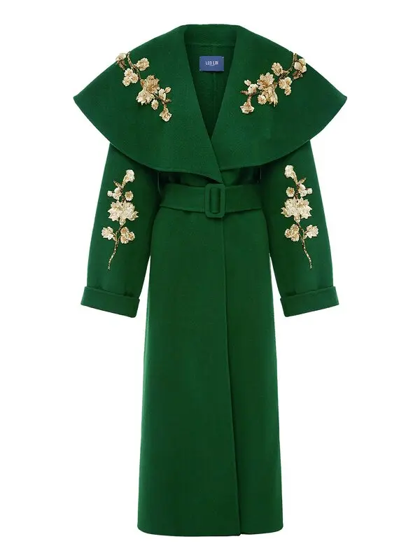 LEO LIN Joan Embellished Wool Coat - Dark Green