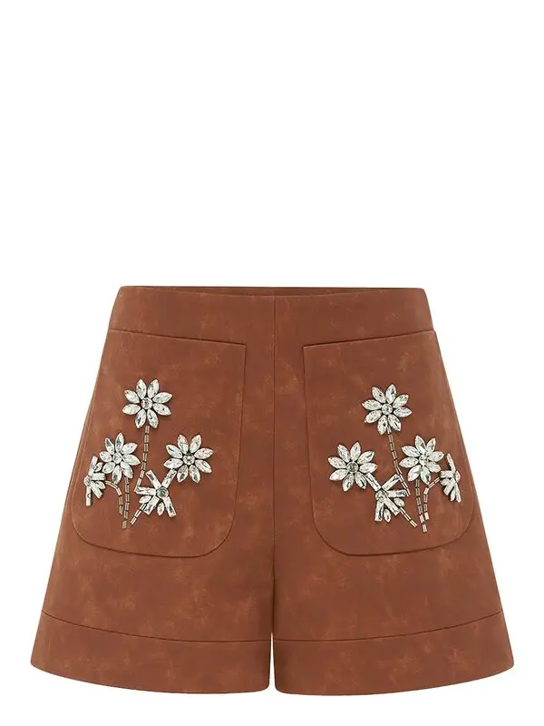 LEO LIN Tessa Embellished Vegan Suede Shorts - Brown