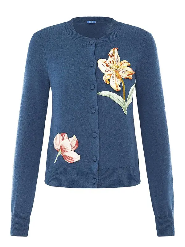 LEO LIN Claire Embroidered Wool Blend Cardigan - Blue