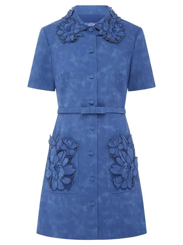 LEO LIN Ashley Applique Vegan Suede Mini Dress - Blue