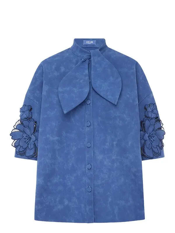 LEO LIN Brooklyn Applique Vegan Suede Bow Top - Blue