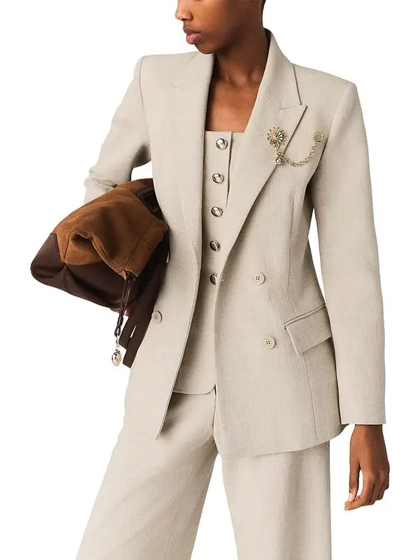 Maje Suit Jacket With Brooch - Beige