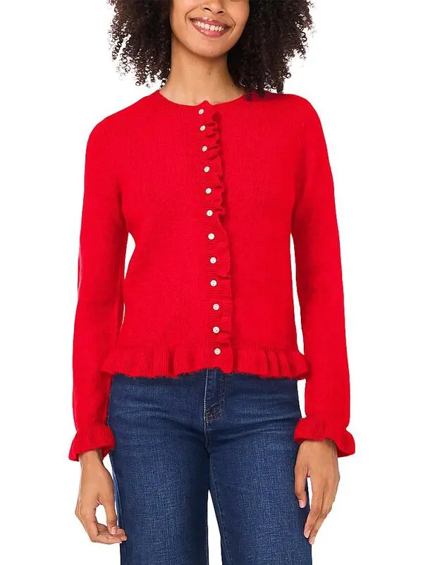 CECE DUPRAZ Long Sleeve Ruffle Edge Cardigan Sweater - Bright Cherry