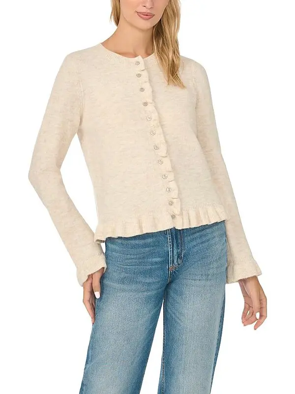 CECE DUPRAZ Long Sleeve Ruffle Edge Cardigan Sweater - Malted