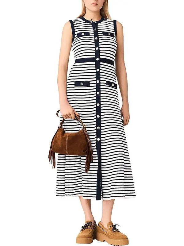 Maje Breton Stripe Knit Maxi Dress - Ecru/ Navy Blue