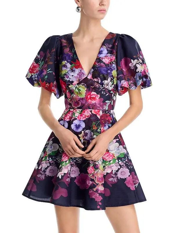 Aqua Floral V-neck Mini Dress - Navy Multi