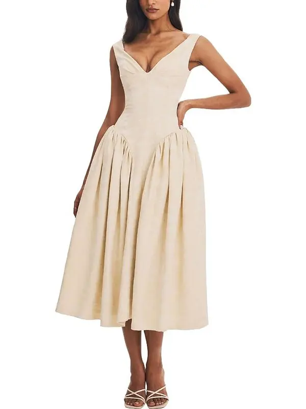 MISS CIRCLE Chelsea Jacquard Ruched Bust Sweetheart Midi Dress - Ivory