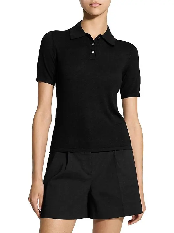 Theory Merino Wool Short Sleeve Polo Sweater - Black