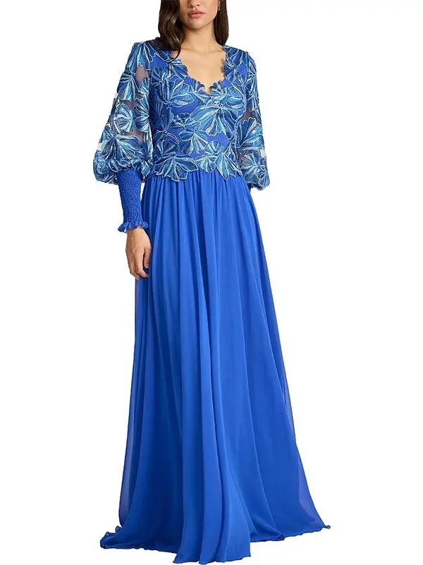 Tadashi Shoji Dansby Embroidered Bishop Sleeve Gown - Blue Lagoon