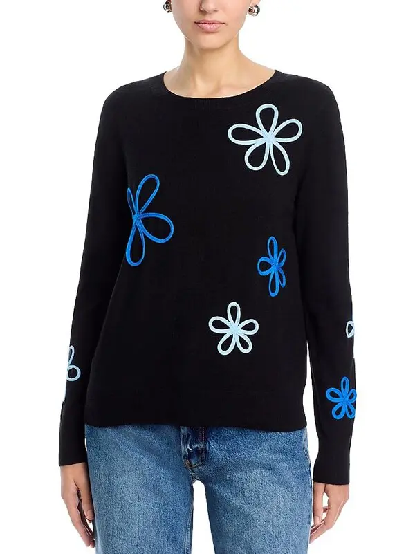 T Tahari Crewneck Floral Applique Pullover Sweater - Black/ Multi