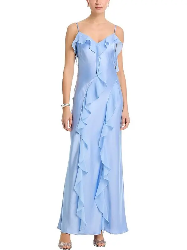 Aqua Long Satin Ruffled Gown - Pastel Blue