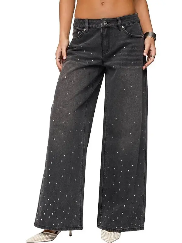 EDIKTED Rhinestone Embellished Baggy Jeans - Black-washed