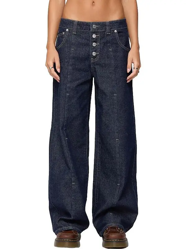 EDIKTED Polley Button Up Baggy Jeans - Dark-blue-washed