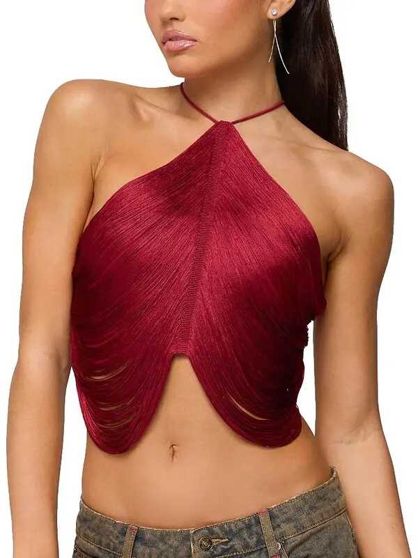 EDIKTED Hara Fringed Backless Top - Burgundy