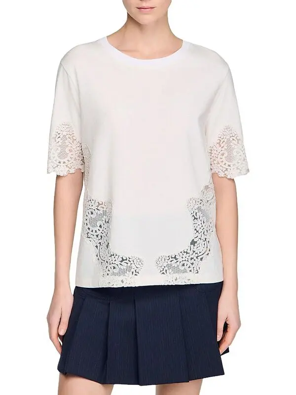 Sandro Cotton Tee With Lace Detail - Ecru