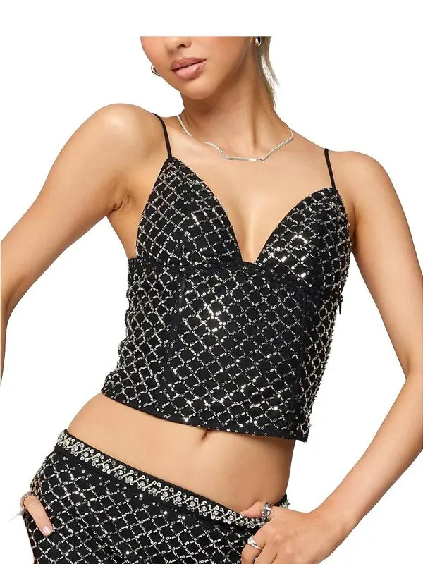 EDIKTED Jenny Beaded Mesh Boned Top - Black
